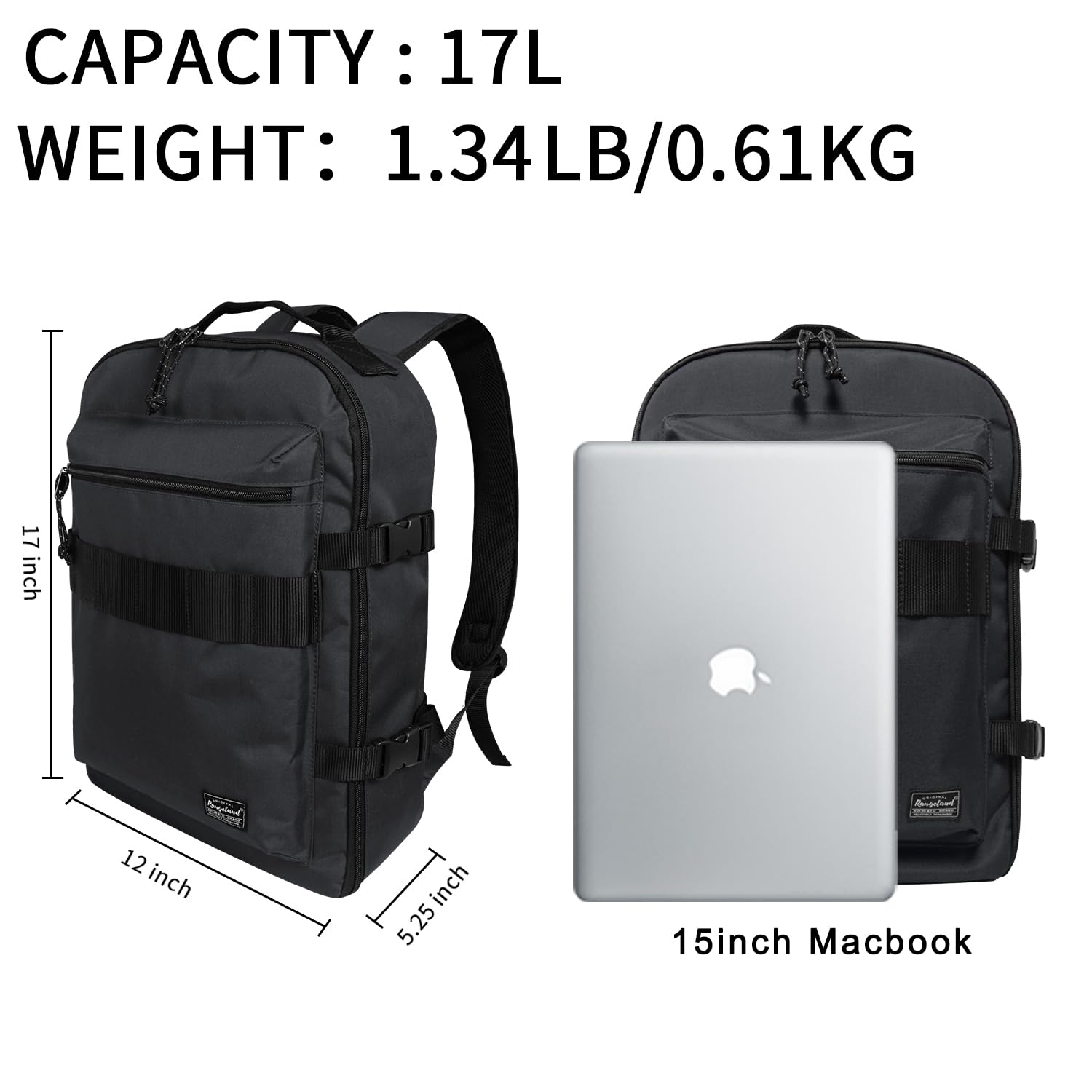 Rangeland Lightweight Travel Backpack Hiking Daypack Laptop Bookbag, 17L Carry-on Personal Item Weekender Overnight Bag Unisex, All Black