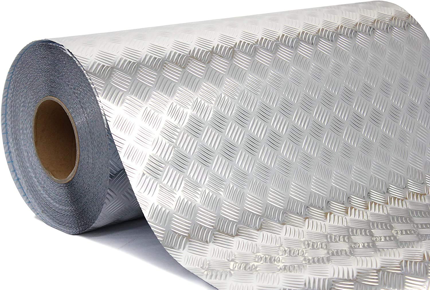 Industrial Utility Diamond Plate Metallic Chrome Finish Vinyl Wrap Silver 17.8 Inches x 6.5 Feet Sheet Adhesive Roll for Shelves Walls Flooring
