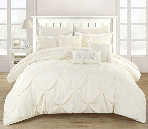 Chic Home 10 Piece Hannah Pinch Pleated, Ruffled and Pleated Complete Queen Bed in a Bag Comforter Set Beige with Sheet Set