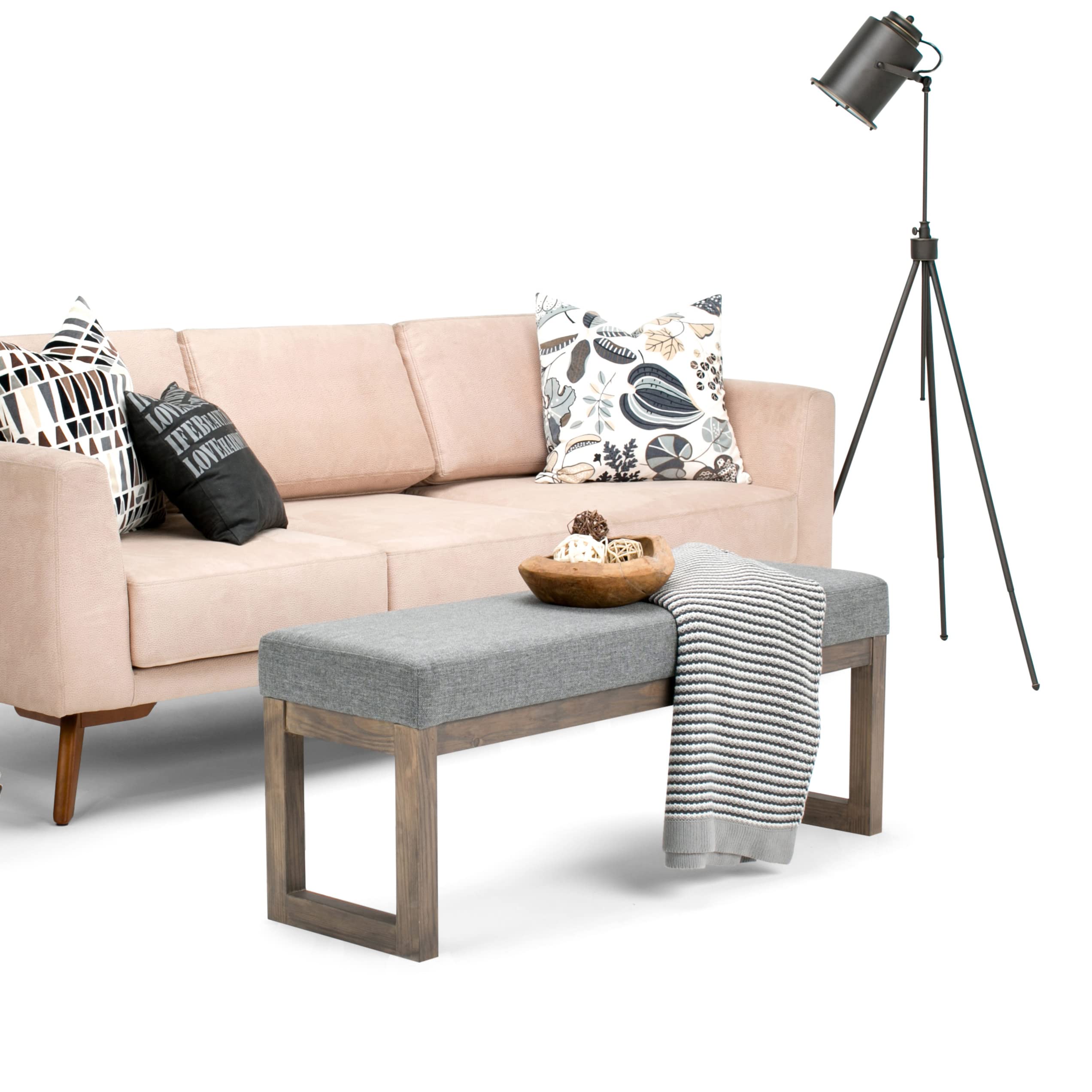 SIMPLIHOME Milltown 45 inch Wide Contemporary Rectangle Large Ottoman Bench in Grey Linen Look Fabric, Assembled, for the Living Room and Bedroom