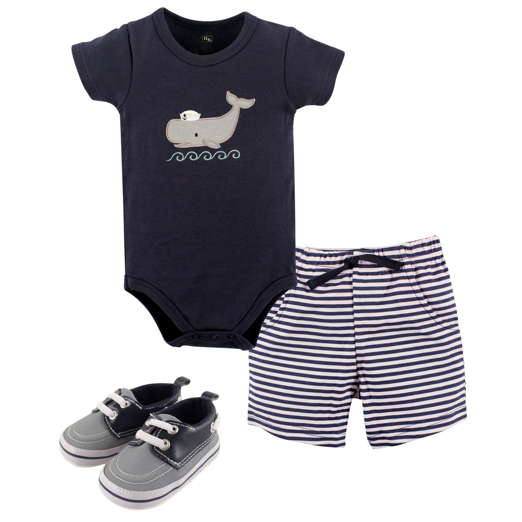 Hudson Baby baby boys Cotton Bodysuit, Shorts and Shoe Layette Set, Sailor Whale, 9-12 Months US
