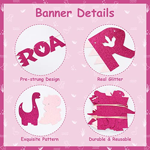 Three Rex Banner Rose Red and Dinosaur ROAR Garland Glitter for Girls 3rd Birthday Dinosaur Party Supplies, Pink Dinosaur Party Decorations