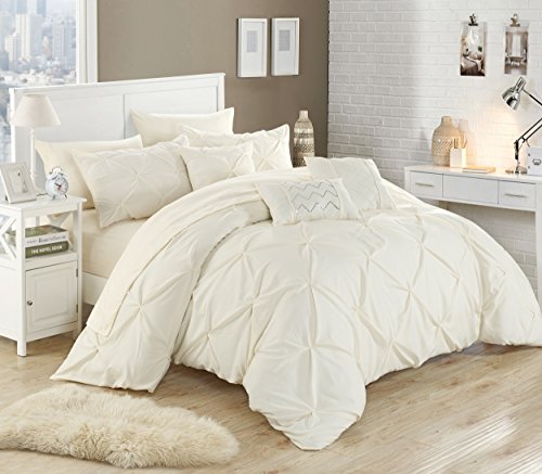 Chic Home 10 Piece Hannah Pinch Pleated, Ruffled and Pleated Complete Queen Bed in a Bag Comforter Set Beige with Sheet Set
