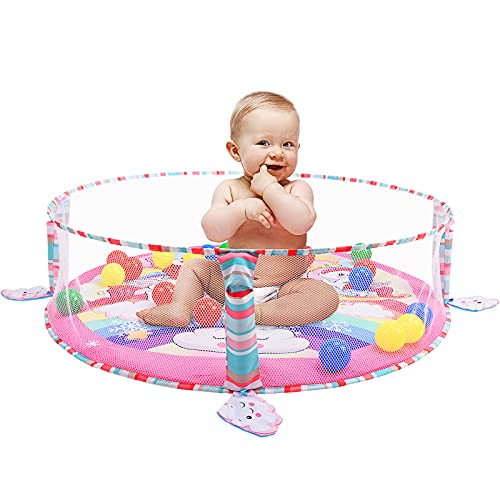 BATTOP Baby Play Mat Activity Gym,4-in-1 Play Gym with Ball Pit,Sensory Toys,Mirror,Head Rest,Cognitive Development Baby Activity Play Mat,Non Slip Tummy Time Mat for Newborns,Babies,Toddlers(Pink)