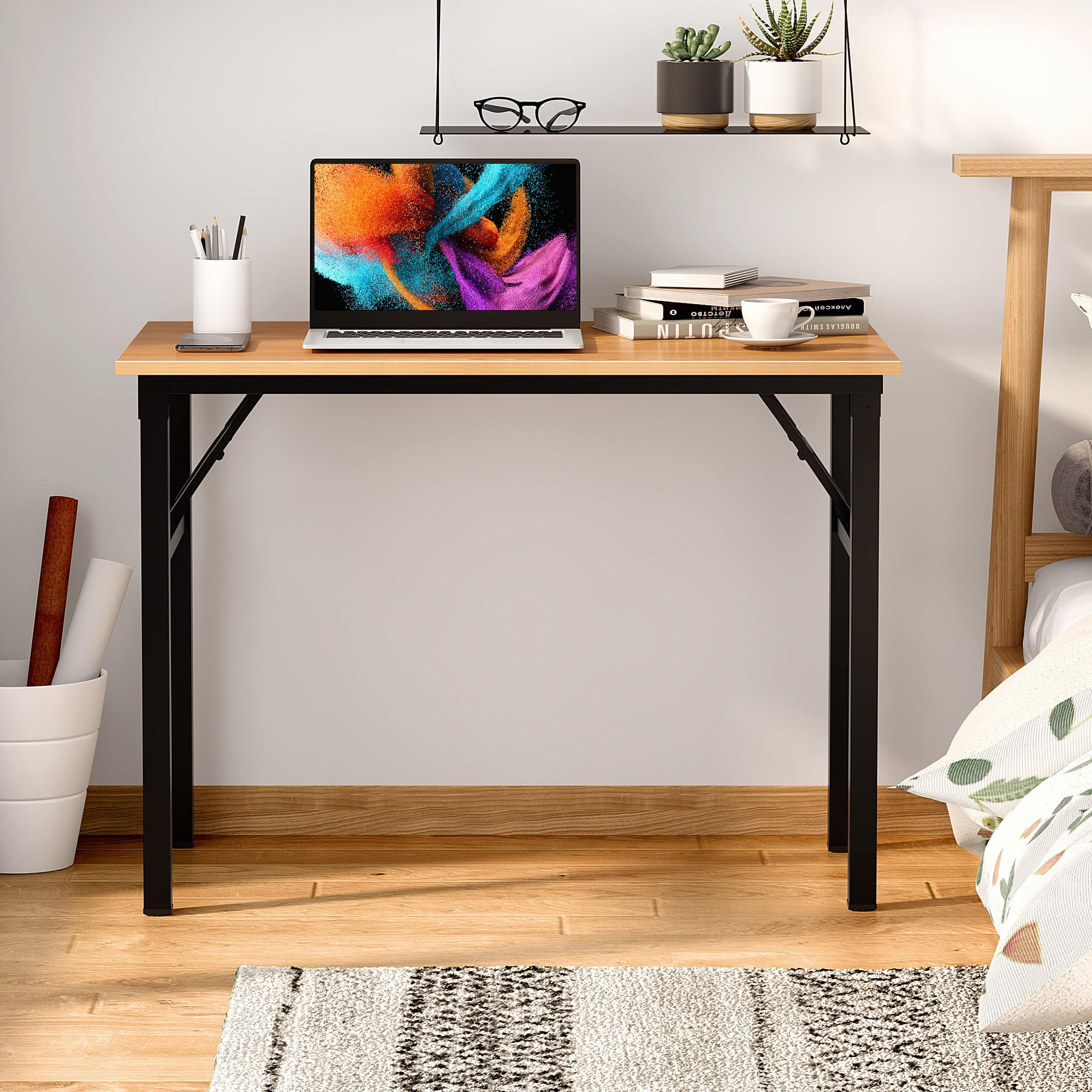 Need Folding Desk for Home Office 39-3/8'' Length Modern Folding Table Computer Desk No Install Needed Teak Color Desktop Black Frame, AC5BB(10060)