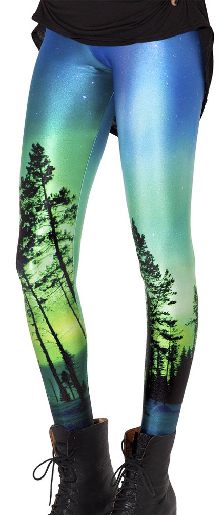 QZUnique Women's Green Tree Sky Printed Footless Elastic Sexy Tights Leggings,Green Tree,One Size