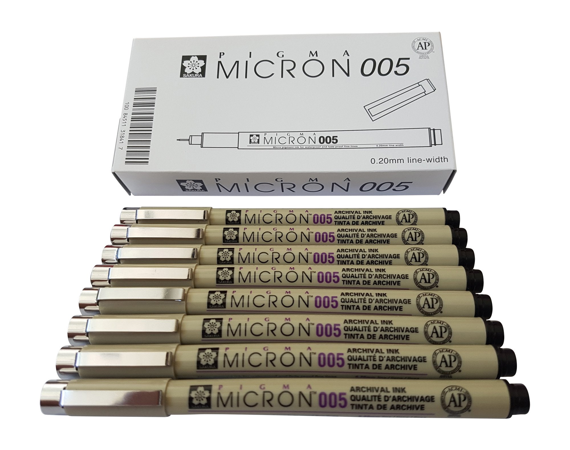 Sakura Pigma Micron pen 005 Black ink marker felt tip pen, Archival pigment ink, fine point for artist drawing pens - 8 pen set