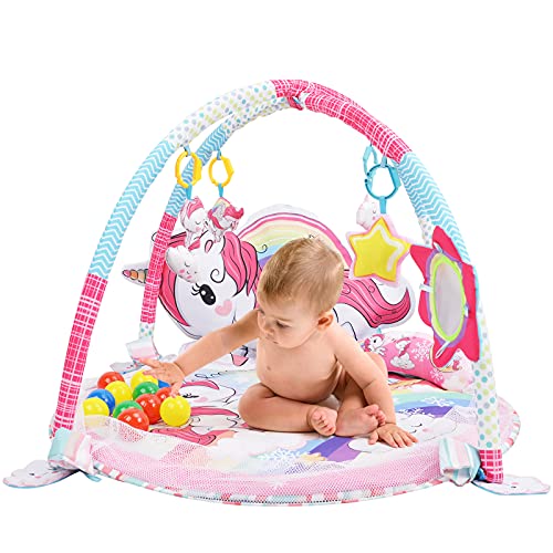 BATTOP Baby Play Mat Activity Gym,4-in-1 Play Gym with Ball Pit,Sensory Toys,Mirror,Head Rest,Cognitive Development Baby Activity Play Mat,Non Slip Tummy Time Mat for Newborns,Babies,Toddlers(Pink)