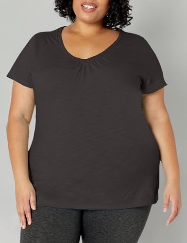 JUST MY SIZE womens Slub Jersey Short Sleeve Shirred V-neck T-shirt fashion t shirts, Black, 2X US