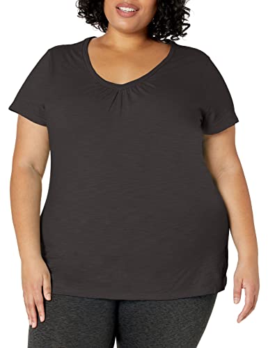 JUST MY SIZE womens Slub Jersey Short Sleeve Shirred V-neck T-shirt fashion t shirts, Black, 2X US