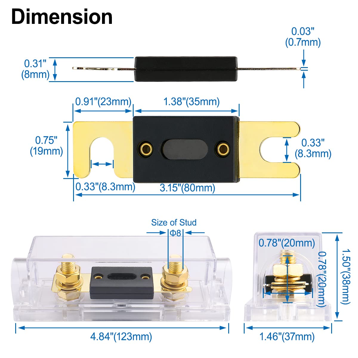 Baomain Electrical Protection ANL Fuse Holder Kit for Car Vehicles Audio System RoHS with 200 Amp ANL Fuses (ANL 200A) (1 x Holder，1 x Fuses)