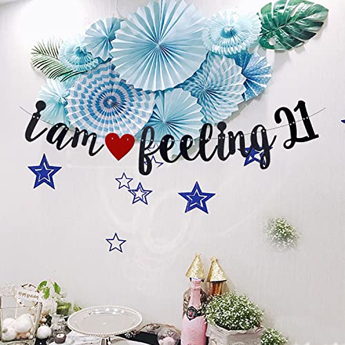 QWLQIAO I Am Feeling 21 Black Gliter Paper Sign Banner, Women/Men's 21st Birthday Party Fun Decorations Backdrops