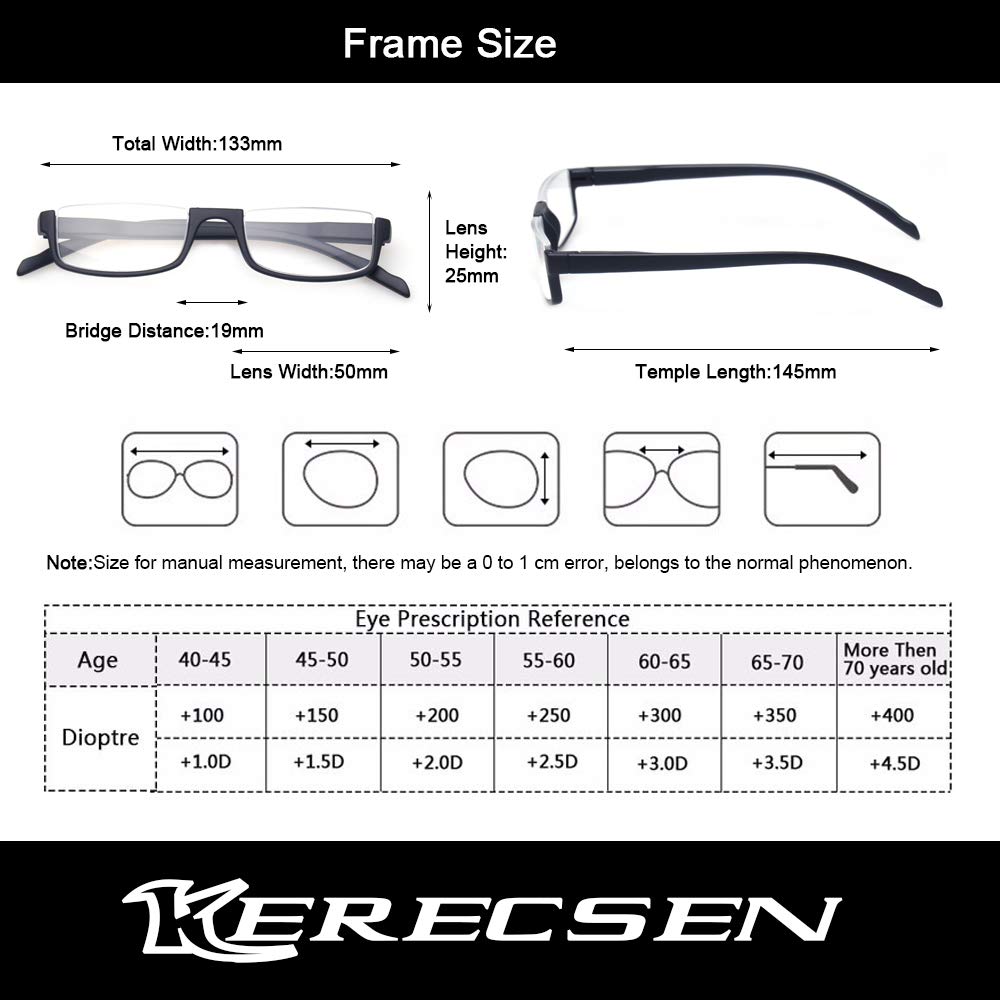 Kerecsen Reading glasses 2 Pair Half Moon Half Frame Readers Spring Hinge Men and Women Glasses (2 Pack Black, 2.00)