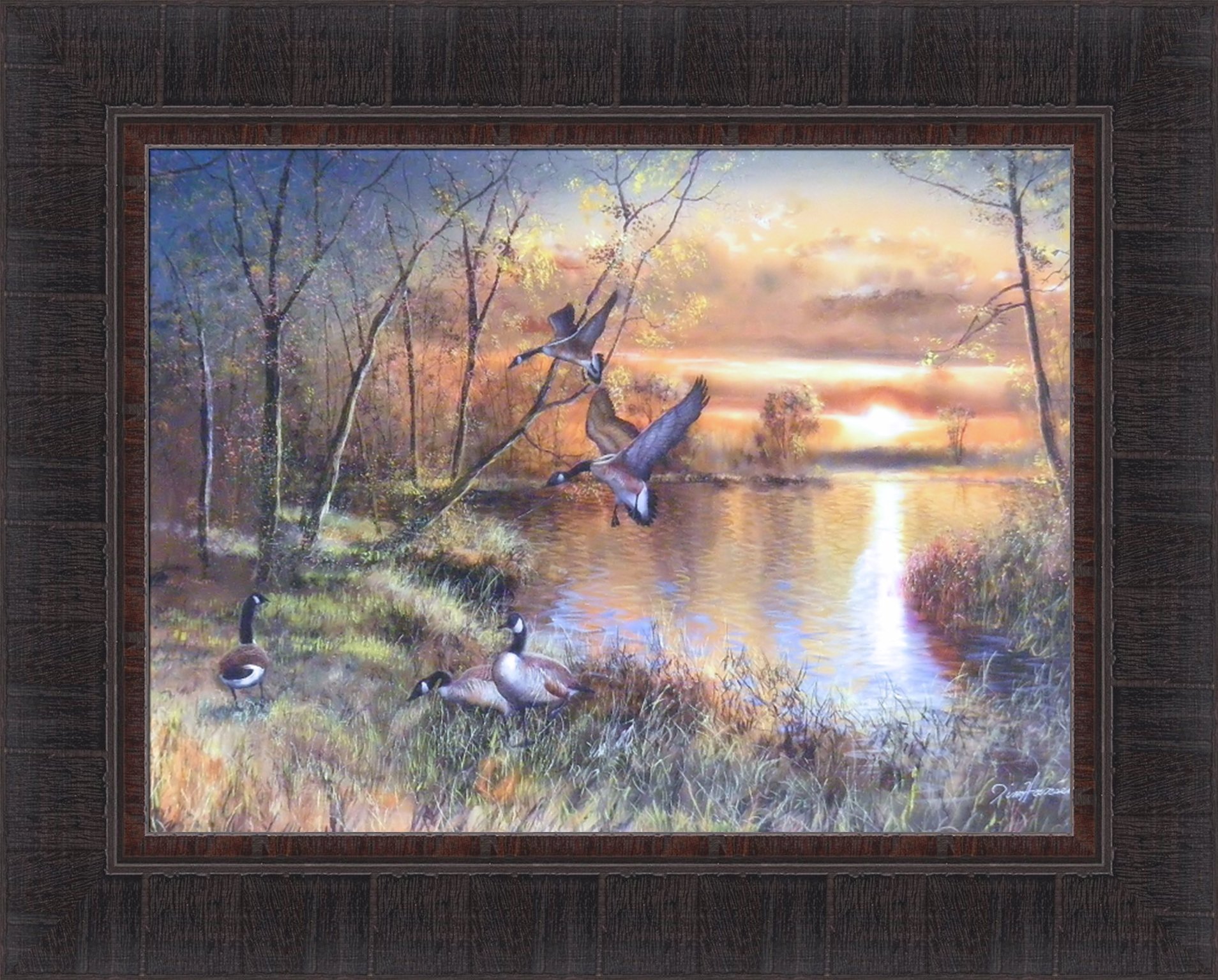 Home Cabin Décor Evening Refuge by Jim Hansel 17x21 Autumn Fall Sunset Canada Geese Lake Waterfowl Framed Art Print Picture