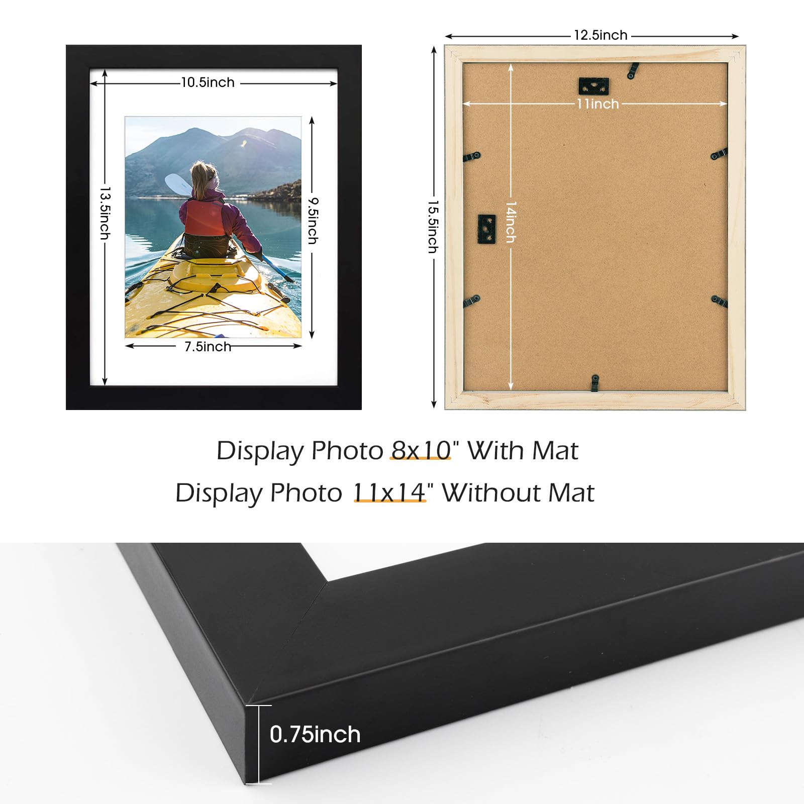 Golden State Art, 11x14 Black Picture Frame - Solid Wood, Tempered Glass, and White Mat Display for 8x10 Picture (Wall Display)