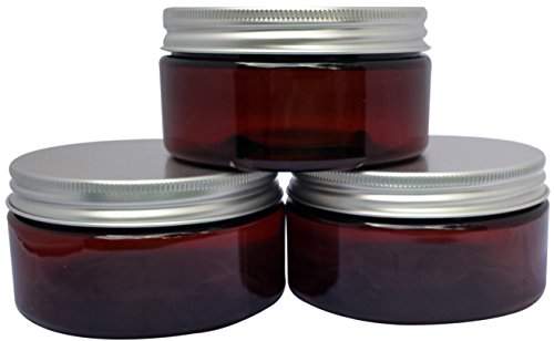 SanDaveVA Amber 8 oz Plastic Jars PET Heavy Wall Low Profile Wide Mouth Jars w/Air Tight and Leak Proof Lined Aluminum Caps 4/pk 8oz and 4 Spatula