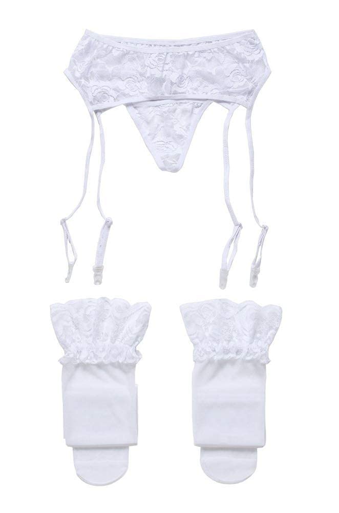 TAKIYA Womens Lace Garter Belt Panties & Sheer Stockings 3 Pieces Lingerie Sets