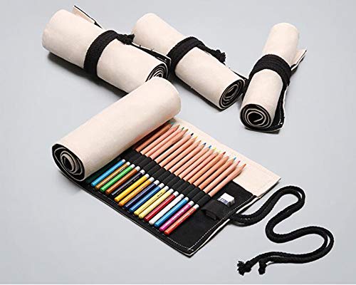 Handmade Canvas Pencil Roll Wrap 36/48/72 Holes, Multiuse Roll Up Pencil Case Large Capacity Pen Curtain for Coloring Pencil Holder Organizer (36-Slots, White)