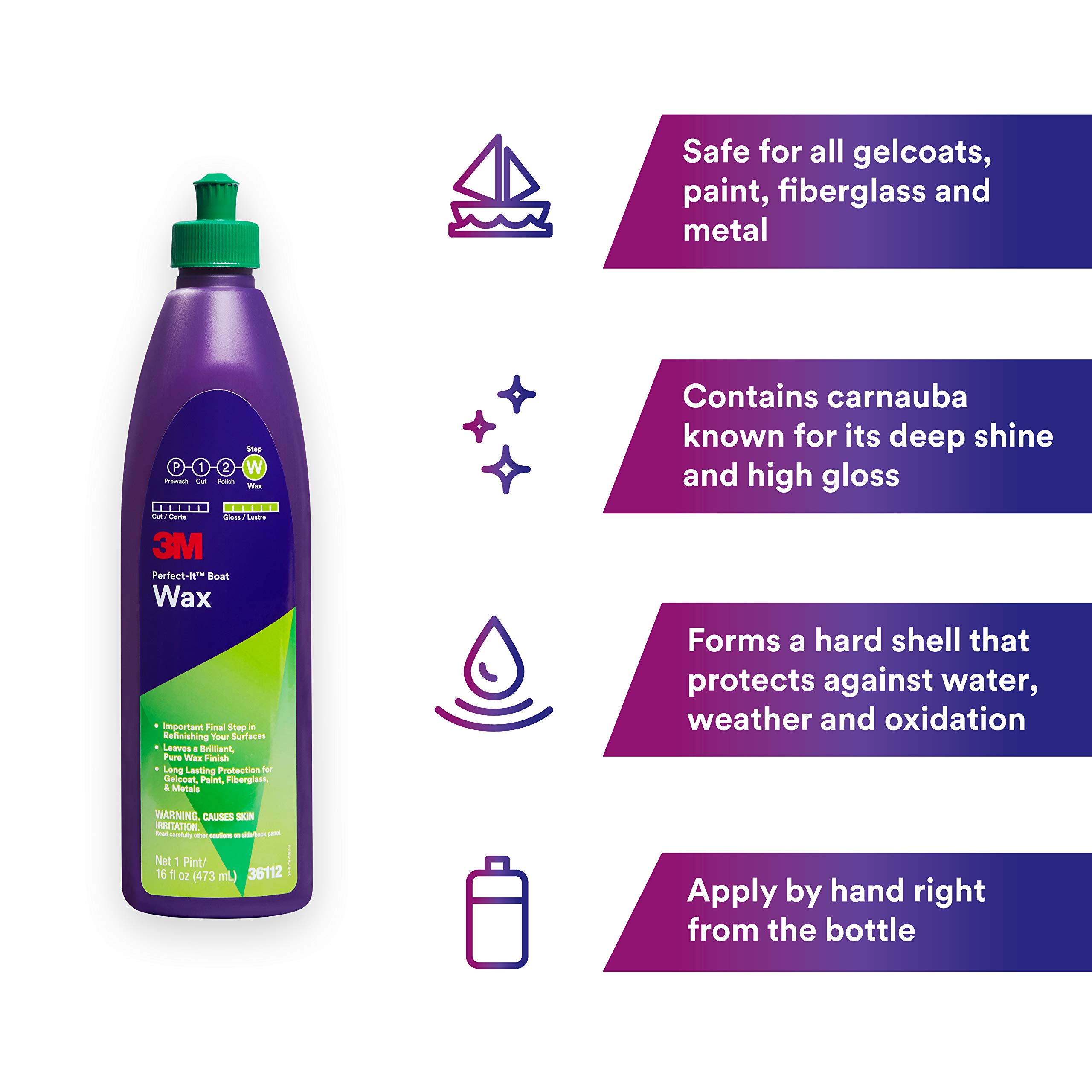 3M Perfect-It Boat Wax, 36112, 1 Pint, Contains Carnauba Wax, Protects against Weather and Oxidation, For Boats and RVs
