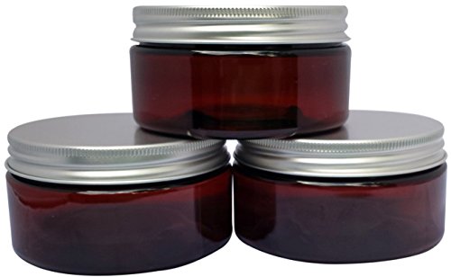 SanDaveVA Amber 8 oz Plastic Jars PET Heavy Wall Low Profile Wide Mouth Jars w/Air Tight and Leak Proof Lined Aluminum Caps 4/pk 8oz and 4 Spatula