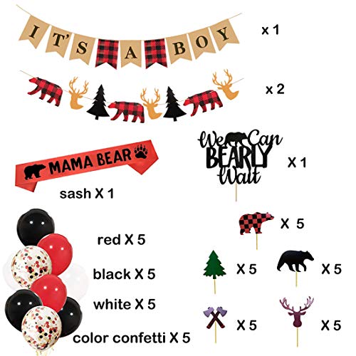 Lumberjack Baby Shower Set Banner Buffalo Plaid Rustic Hunter Theme It's A Boy Camping Bear Baby Shower Cake Topper Decorations Supplies Lumberjack Gender Reveal Banner