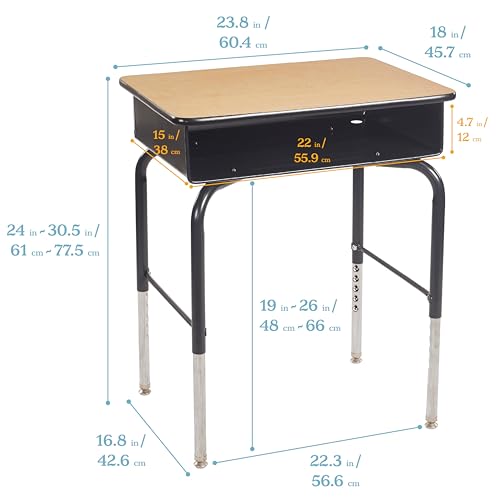 ECR4Kids Open Front Desk with Metal Storage Book Box, Adjustable, Classroom Furniture, Maple/Black