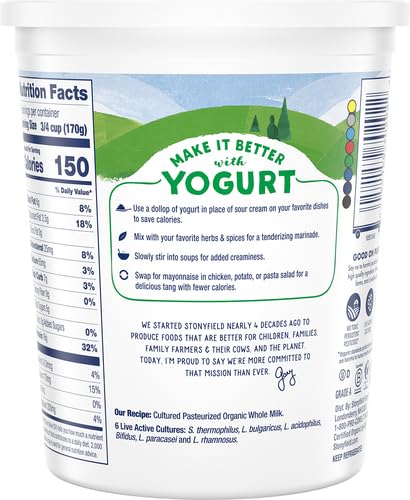 Stonyfield Organic Greek Whole Milk Yogurt, Plain, High in Protein (16g), Multiserving Snack & Cooking Substitute, 30 Oz