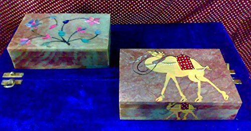 Soapstone Inlay Jewelry Boxes (6"x4" inch) 2 Pcs Handmade Decorative Antique Pietra Dura Art Work Colorful Flowers And Floral Design Rectangular Shape Box Semi-Precious Marble Showpiece Boxes