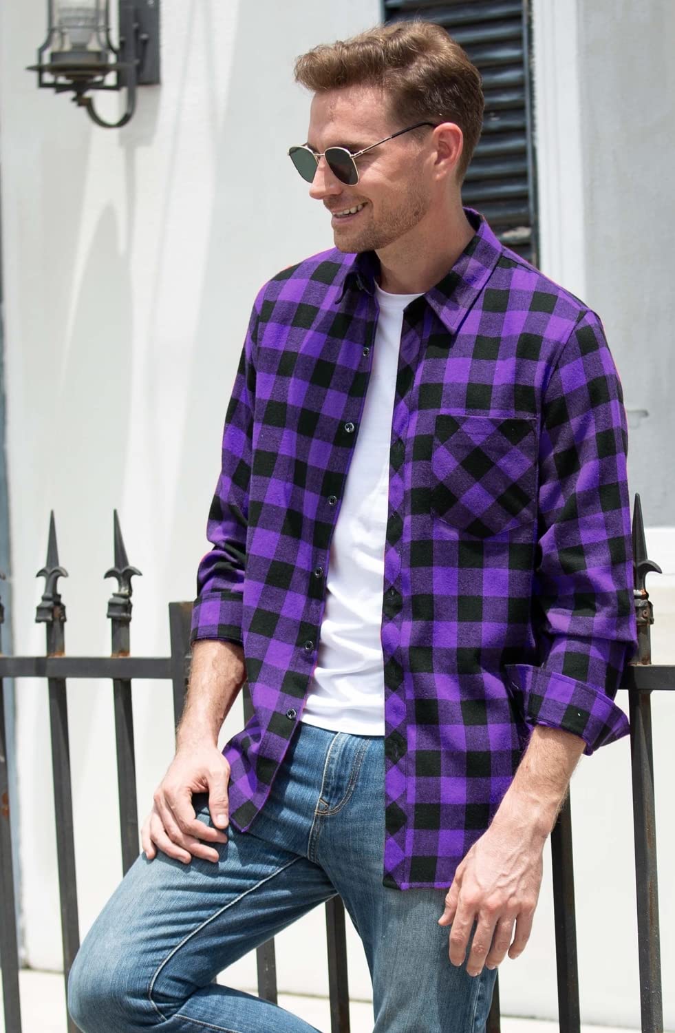 Cromoncent Men's Casual Plaid Flannel Long Sleeve Button Down Shirt,Purple Black,Medium