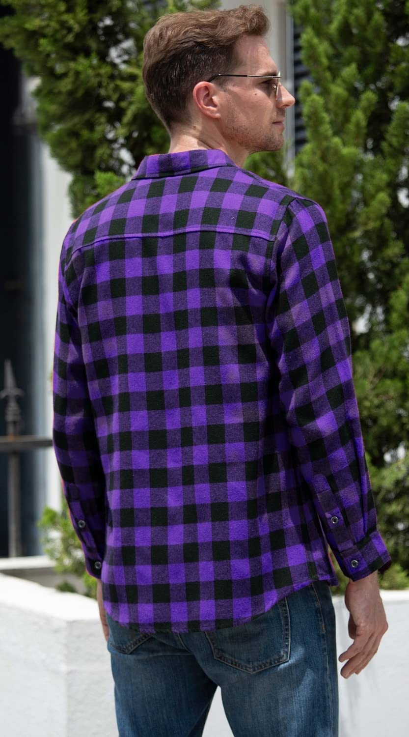 Cromoncent Men's Casual Plaid Flannel Long Sleeve Button Down Shirt,Purple Black,Medium