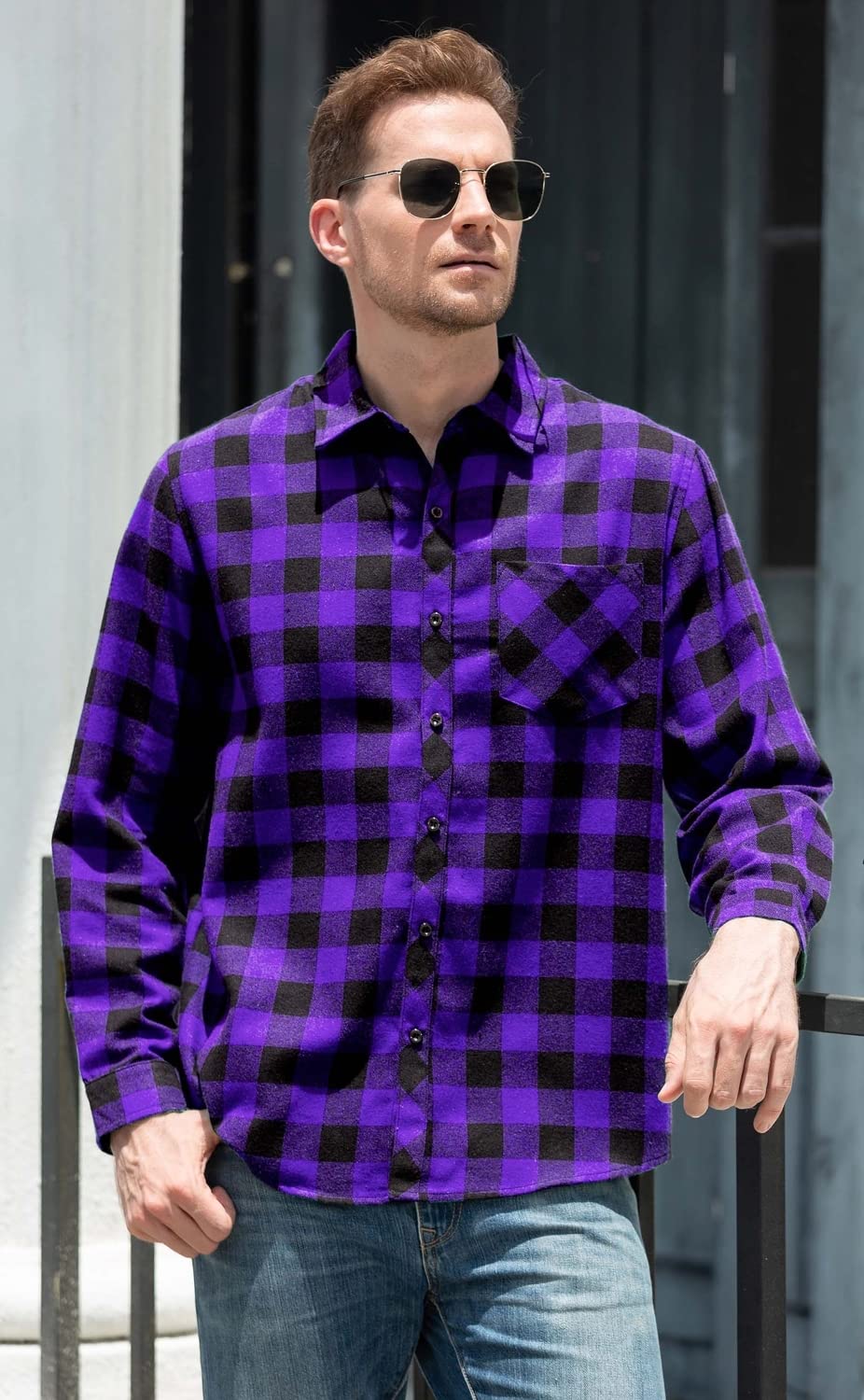 Cromoncent Men's Casual Plaid Flannel Long Sleeve Button Down Shirt,Purple Black,Medium