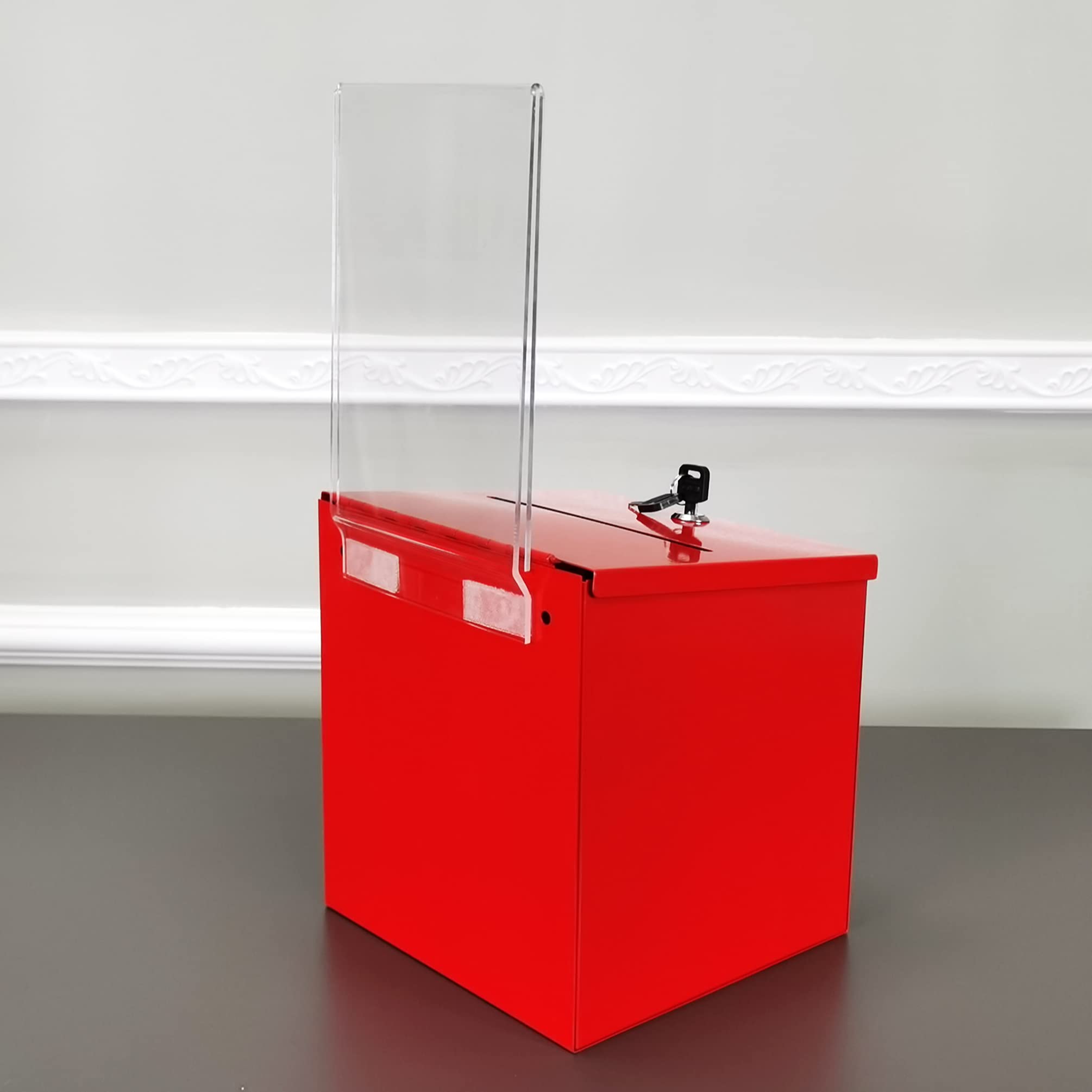 FixtureDisplays® Red Metal Donation Box Suggestion Tithes Offering Box with Sign Holder 8.5X8.1X18" 11573RED