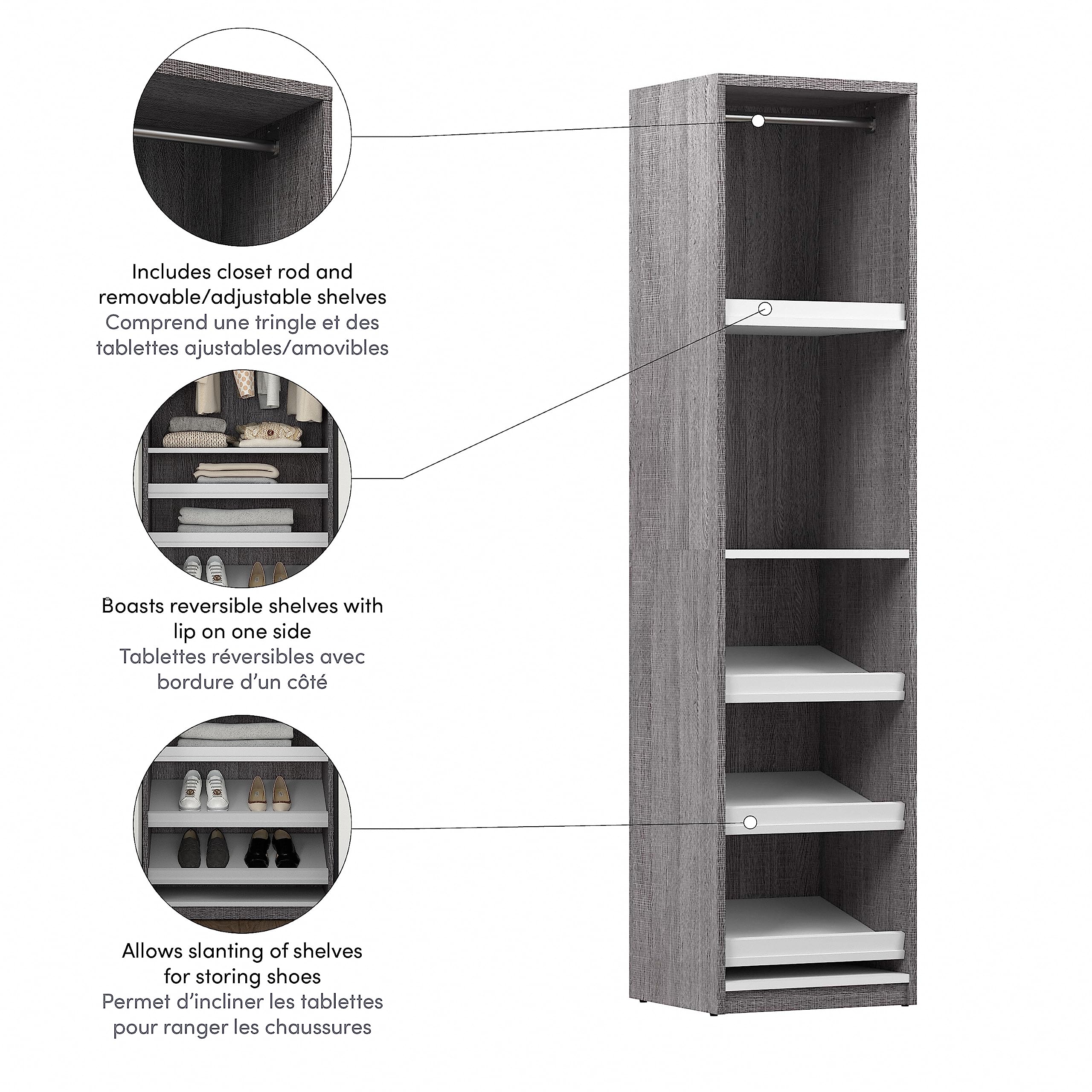 Bestar Cielo Closet Organizer, 20-inch Bark Gray and White Wardrobe for Bedroom, Mudroom, Entryway, or Kitchen Pantry