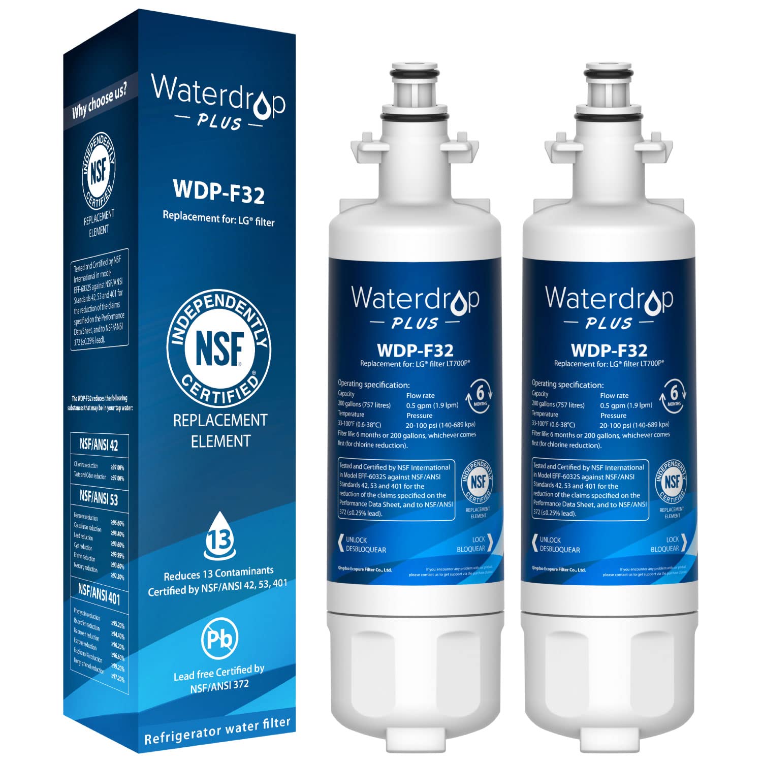 Waterdrop Plus 469690 ADQ36006101 𝐍𝐒𝐅 𝟓𝟑&𝟒𝟎𝟏 Refrigerator Water Filter, 𝐑𝐞𝐝𝐮𝐜𝐞 𝐏𝐅𝐀𝐒, Replacement for LG® LT700P®, Kenmore® 9690, ADQ36006102, WSL-3, FML-3, 2 Pack Package May Vary