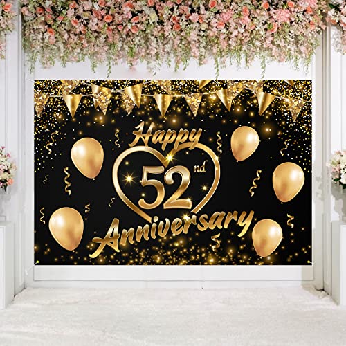Happy 52nd Anniversary Backdrop Banner Decor Black Gold – Glitter Love Heart Happy 52 Years Wedding Anniversary Party Theme Decorations for Women Men Supplies, 3.9 x 5.9 ft