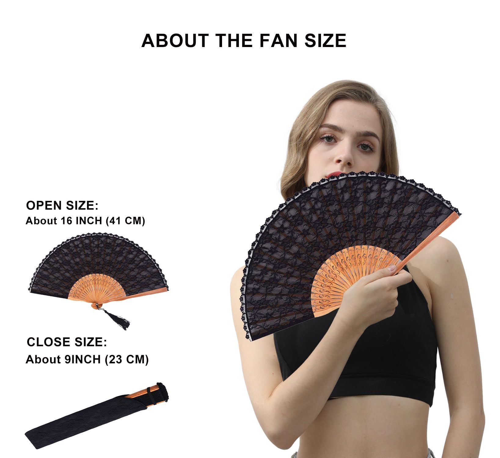 Amajiji Chinese/Japanese Vintage Retro Style Bamboo Wood Silk Folding Hand Fan for women HBSY (23cm) (006)