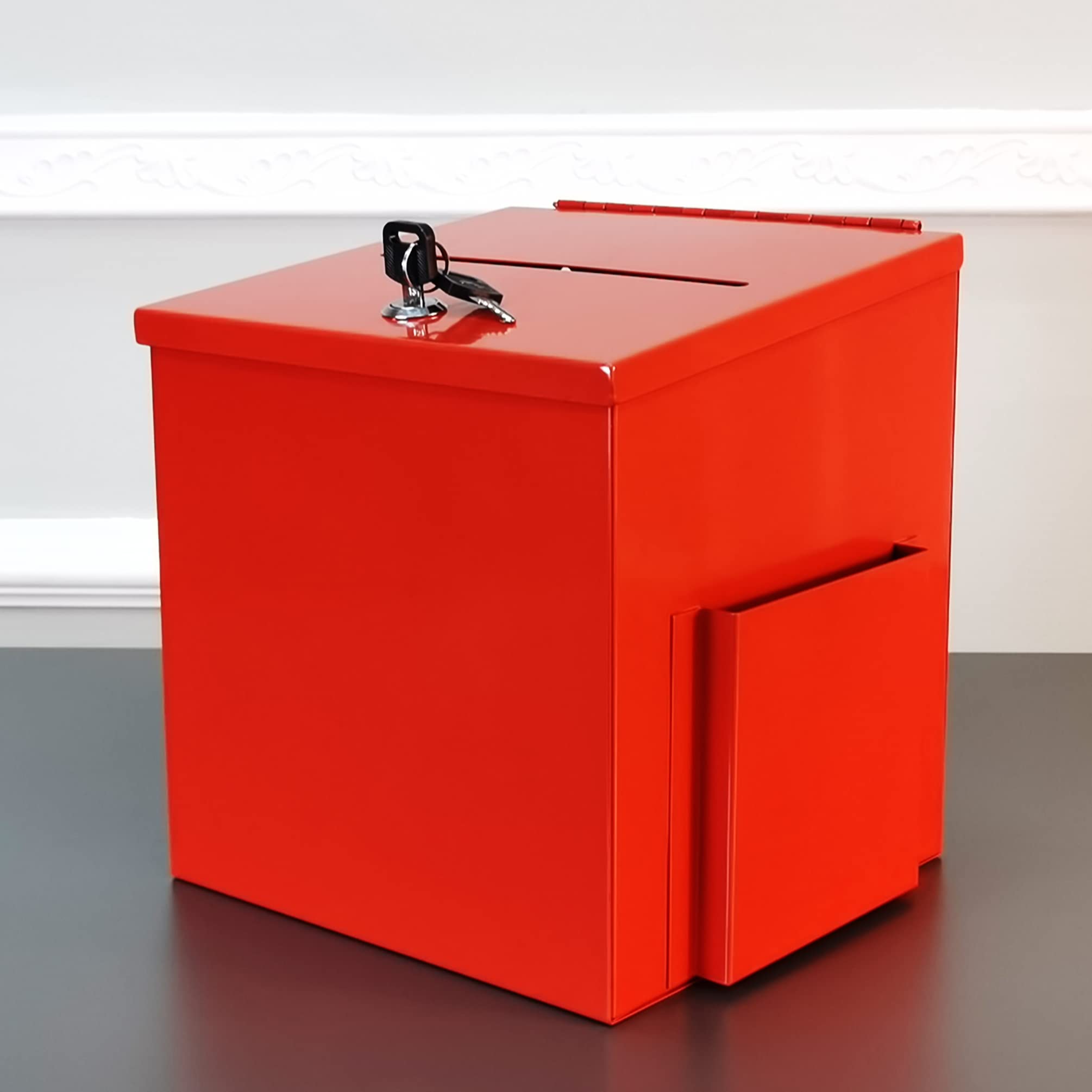 FixtureDisplays® Red Metal Donation Box Suggestion Tithes Offering Box with Sign Holder 8.5X8.1X18" 11573RED