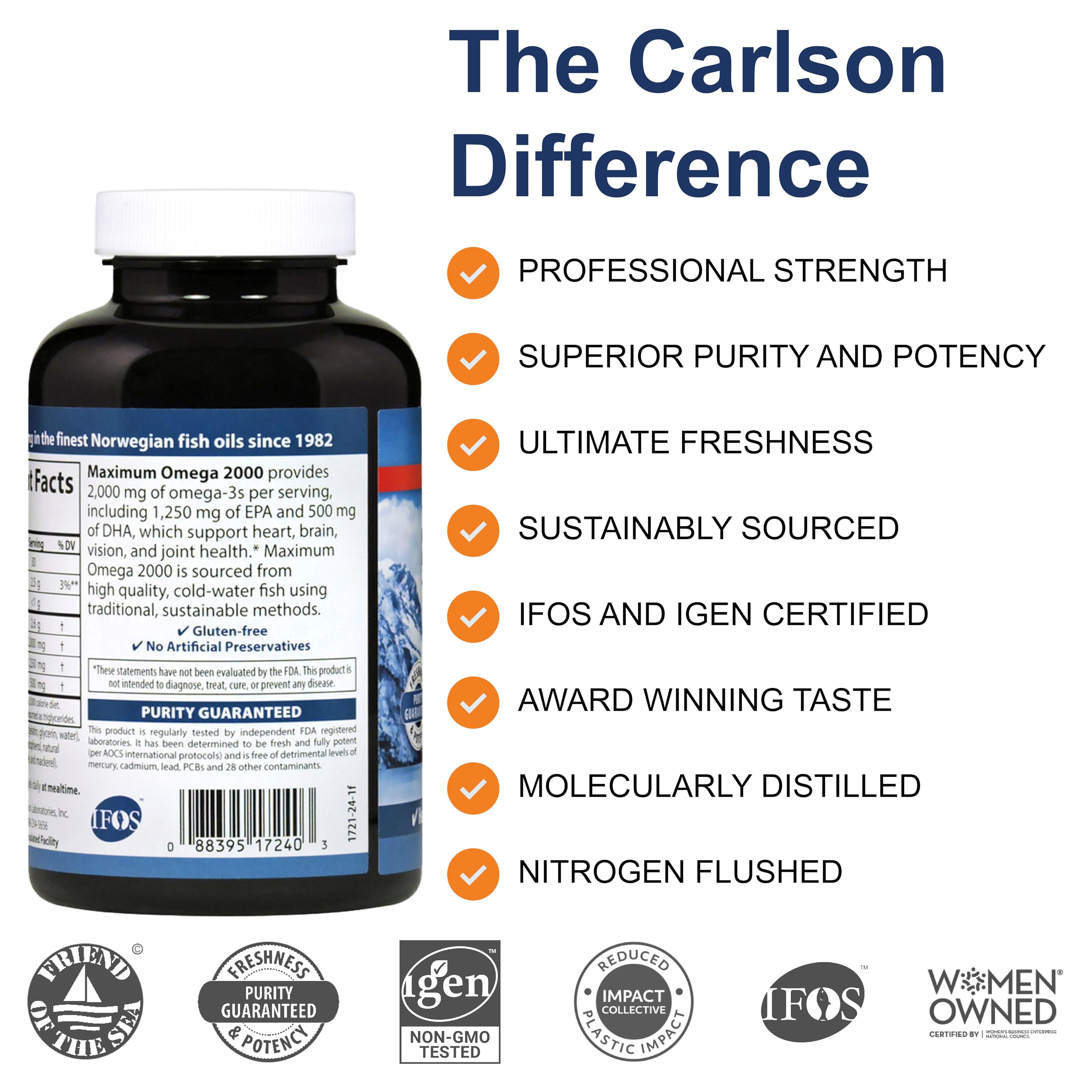 Carlson - Maximum Omega 2000, 2000 mg Omega-3 Fatty Acids Including EPA and DHA, Wild-Caught, Norwegian Fish Oil Supplement, Sustainably Sourced Fish Oil Capsules, Lemon, 90+30 Softgels