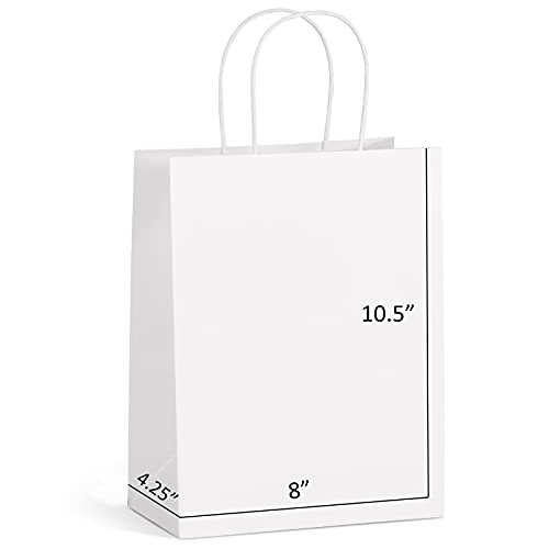 Eupako Paper Bags 8x4.25x10.5 100 PCS White Paper Gift Bags with Handles Bulk, Kraft Shopping Bags, Party Favor Bags, Merchandise Bags