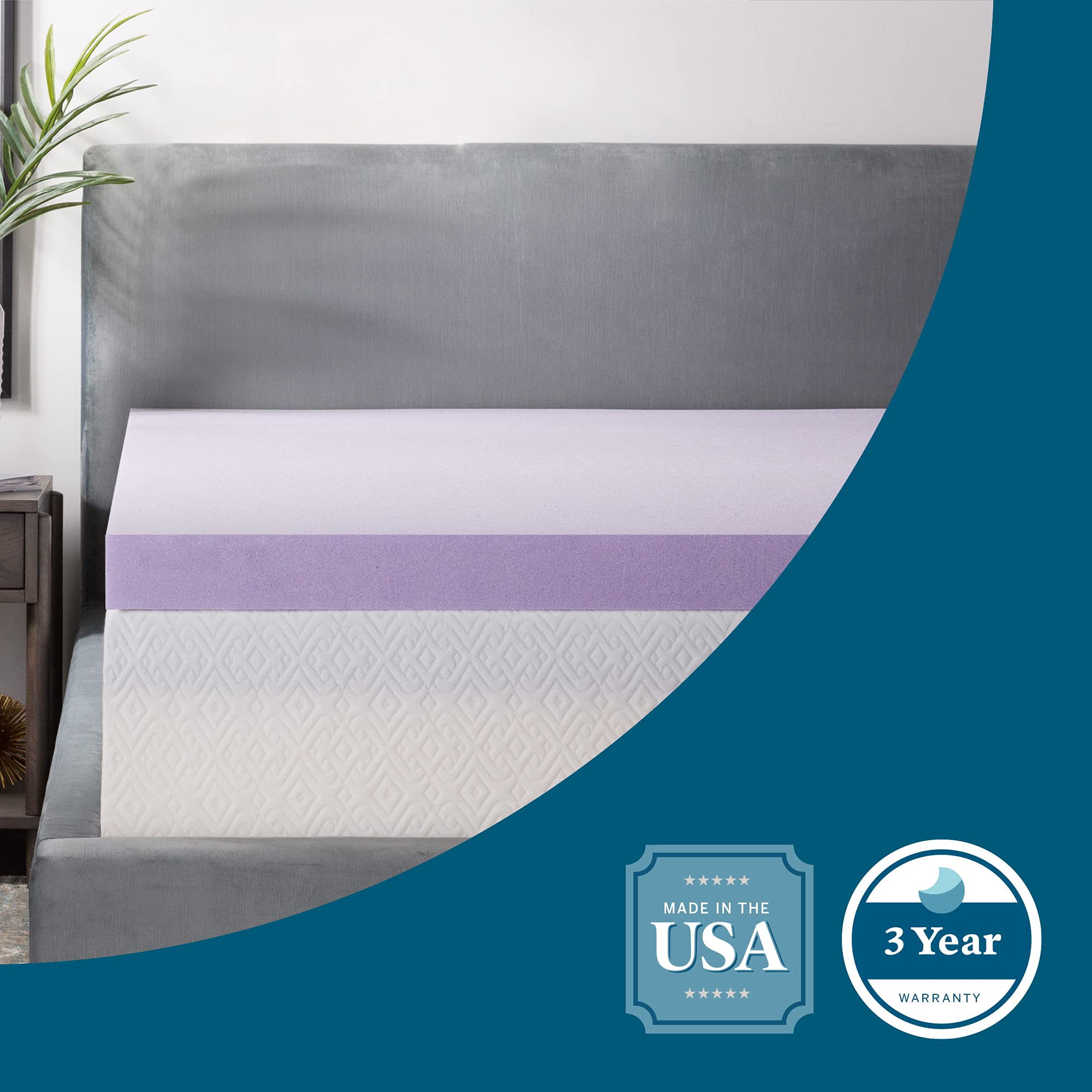LUCID Lavender Infused Memory Foam Mattress Topper, Twin XL, 3 Inch, Ventilated Design - Lavender Topper