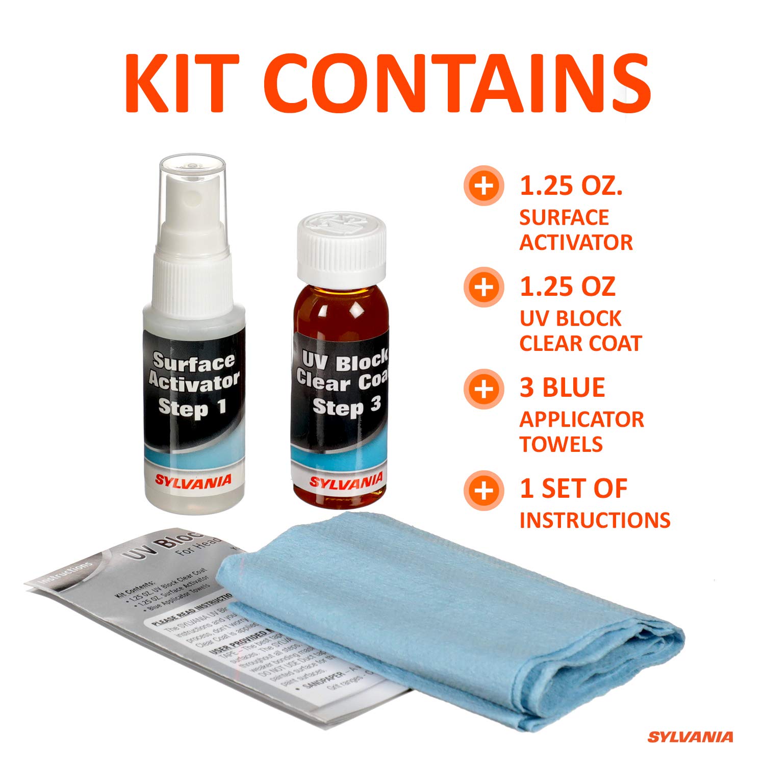 SYLVANIA - Headlight Restoration Essentials Kit - UV Block Clear Coat, Most Important Step to Restore Sun Damaged Headlights, Surface Activator, UV Protection for Clearer Headlights - 1 Fl Oz