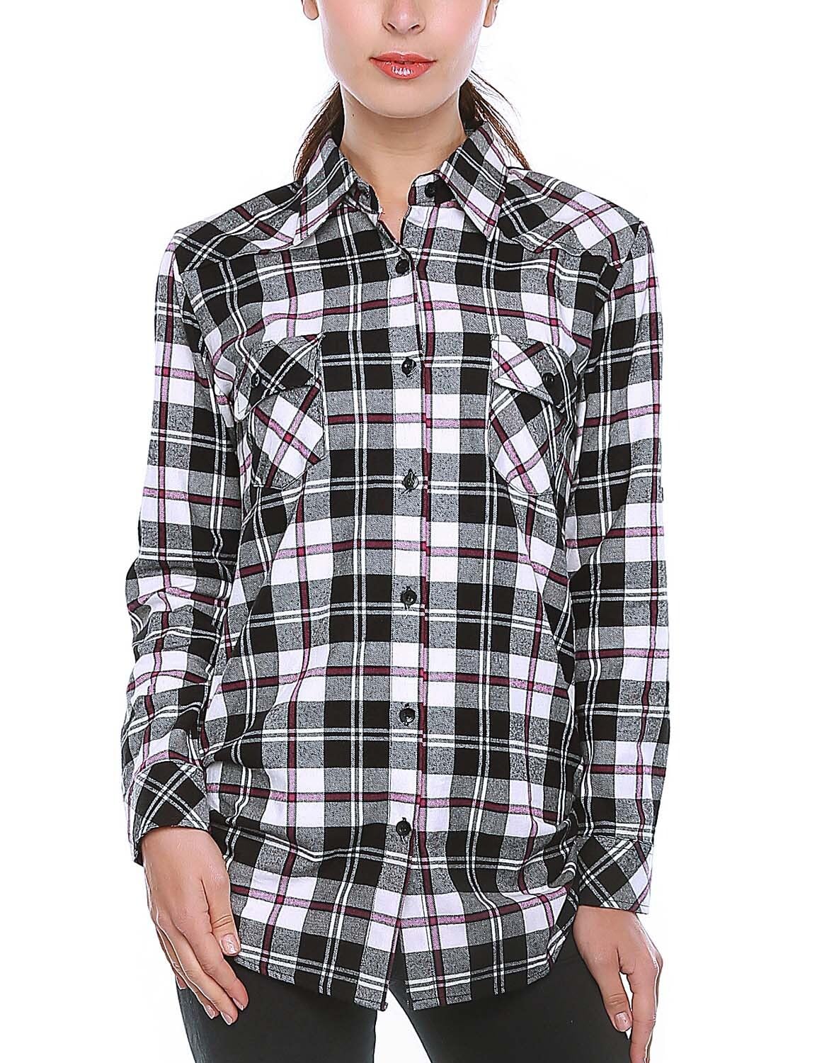 Match Womens Button Down Flannel Plaid Shirts roll up Long Sleeve Shackets Business Blouse Top (Large, Checks#5)
