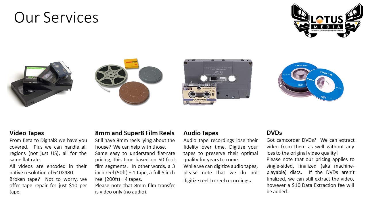 Lotus Media Video Tape Transfer Service, Digitization to MP4 (VHS, VHS-C, Hi8, Video 8, Digital8, 8mm, MiniDV, Beta, Audio) - New Customer Offer