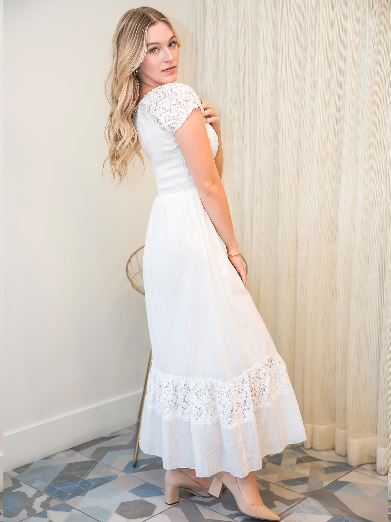 Anna-Kaci Renaissance Peasant Maiden Boho Inspired Cap Sleeve Lace Trim Maxi Dress, Cream, XX-Large