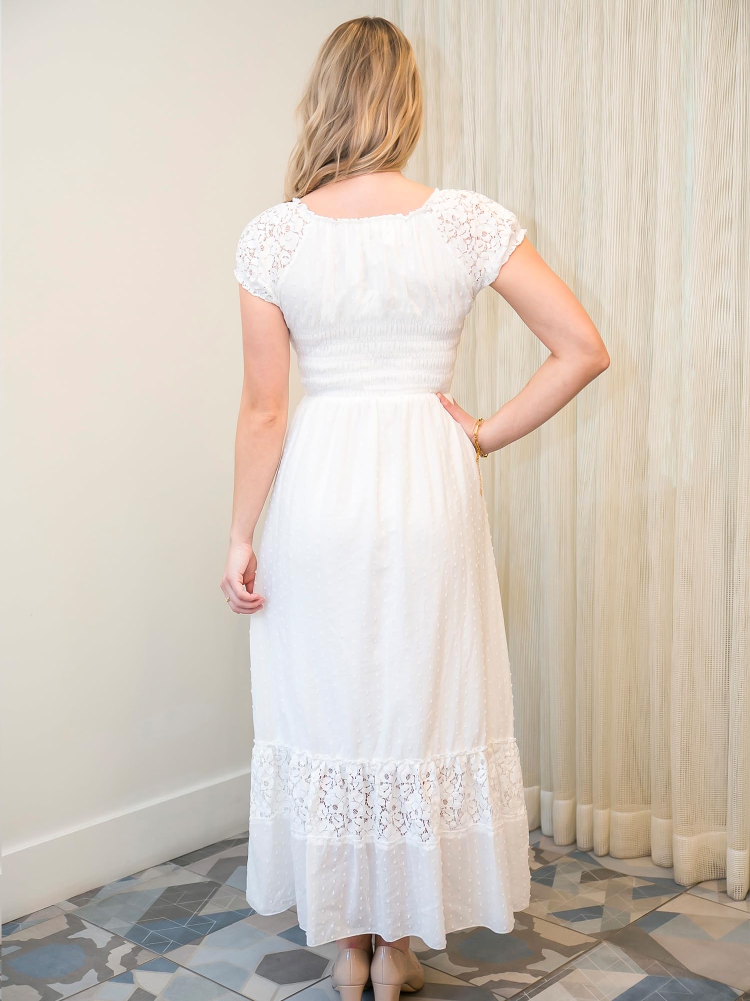 Anna-Kaci Renaissance Peasant Maiden Boho Inspired Cap Sleeve Lace Trim Maxi Dress, Cream, XX-Large