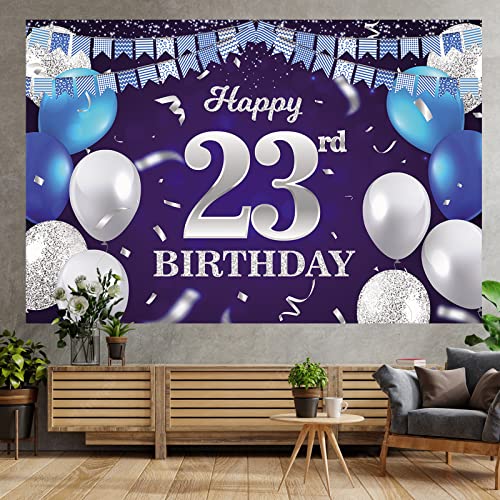 Happy 23rd Birthday Banner Backdrop Navy Blue Balloons Confetti Stripe Flag Light Spots Cheers to 23 Years Old Theme Decorations Decor for Women Men 23rd Birthday Party Bday Supplies Glitter Silver