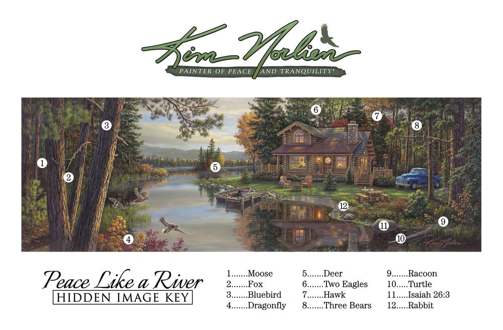 Peace Like A River Panoramic by Kim Norlien 18x42 Log Cabin Adirondack Chairs Vintage Truck Duck Dog Boat Dock Framed Art Print Picture