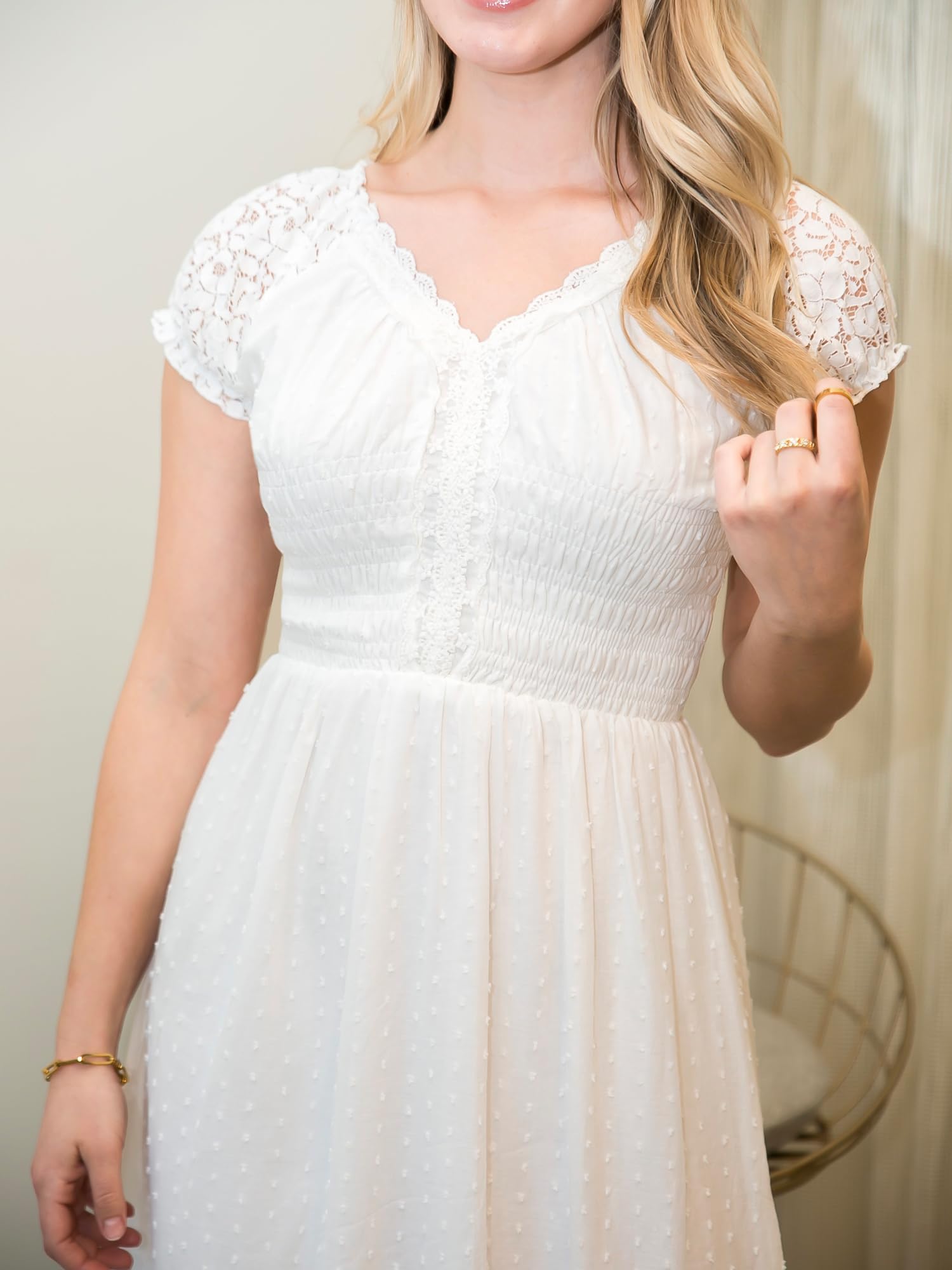 Anna-Kaci Renaissance Peasant Maiden Boho Inspired Cap Sleeve Lace Trim Maxi Dress, Cream, XX-Large