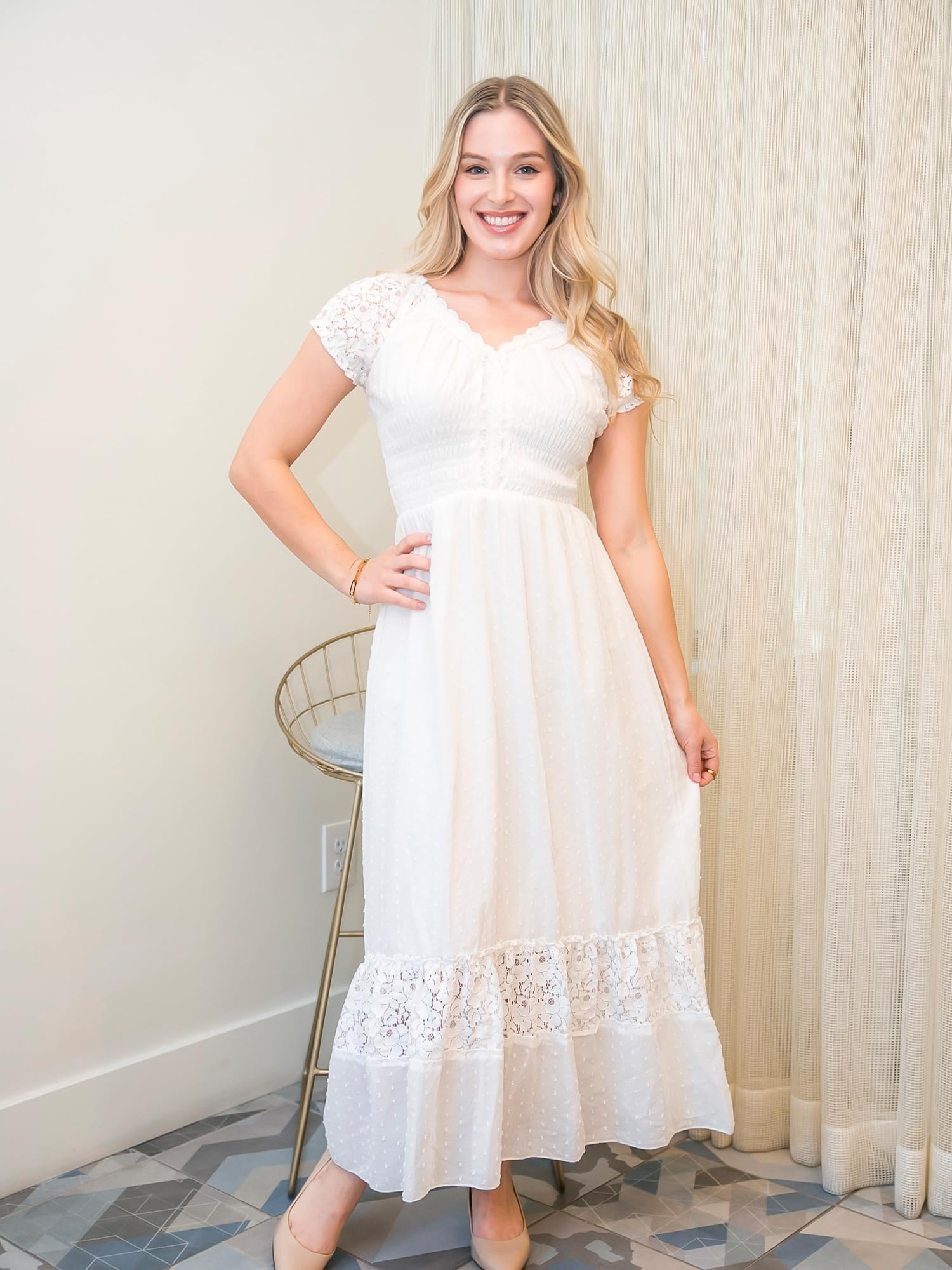 Anna-Kaci Renaissance Peasant Maiden Boho Inspired Cap Sleeve Lace Trim Maxi Dress, Cream, XX-Large