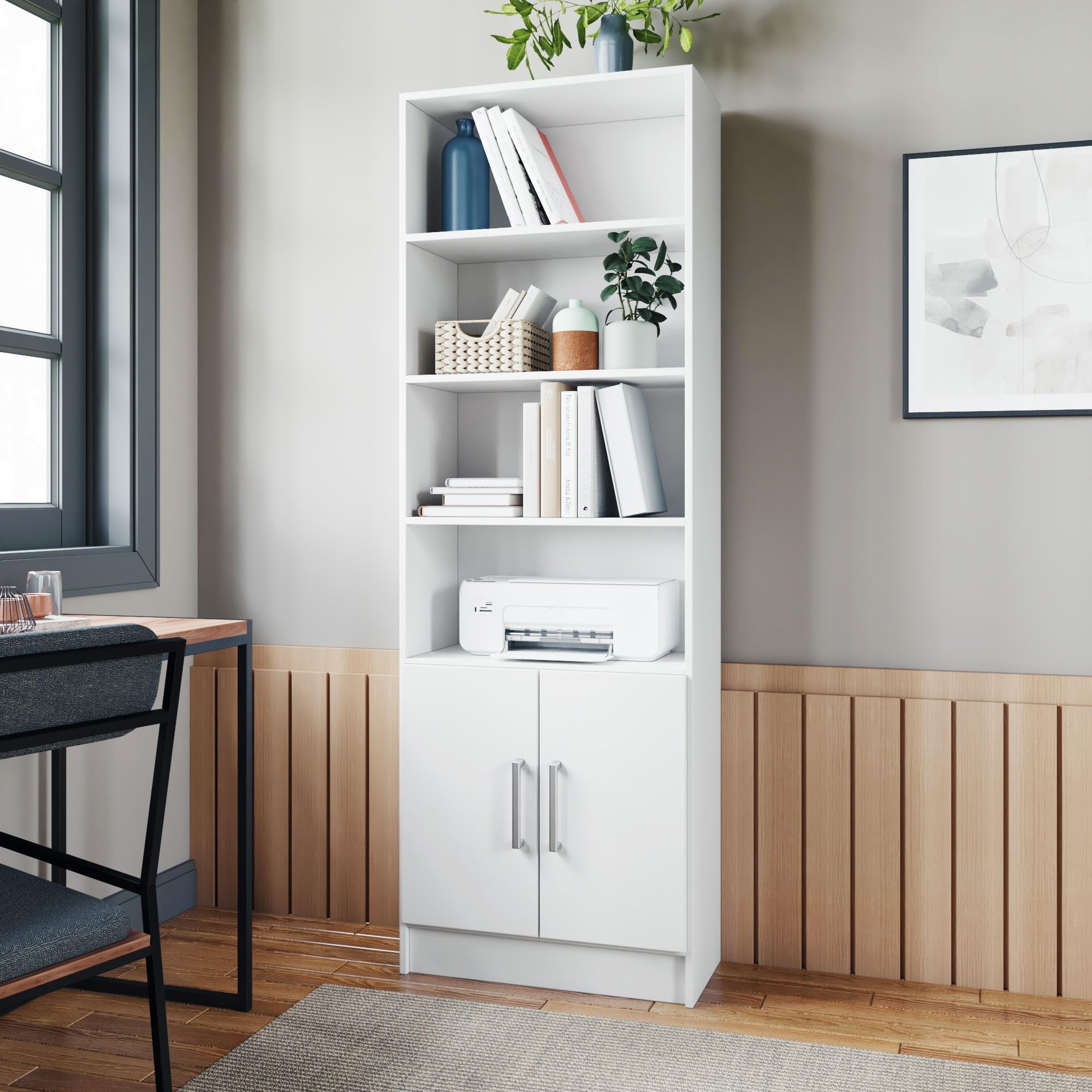 Manhattan Comfort Catarina Bookshelf Cabinet with Display Shelves and Doors for Hidden Storage, 71" Tall Bookcase, Easy Assembly, Stylish and Functional, Mid Century Modern Furniture, White